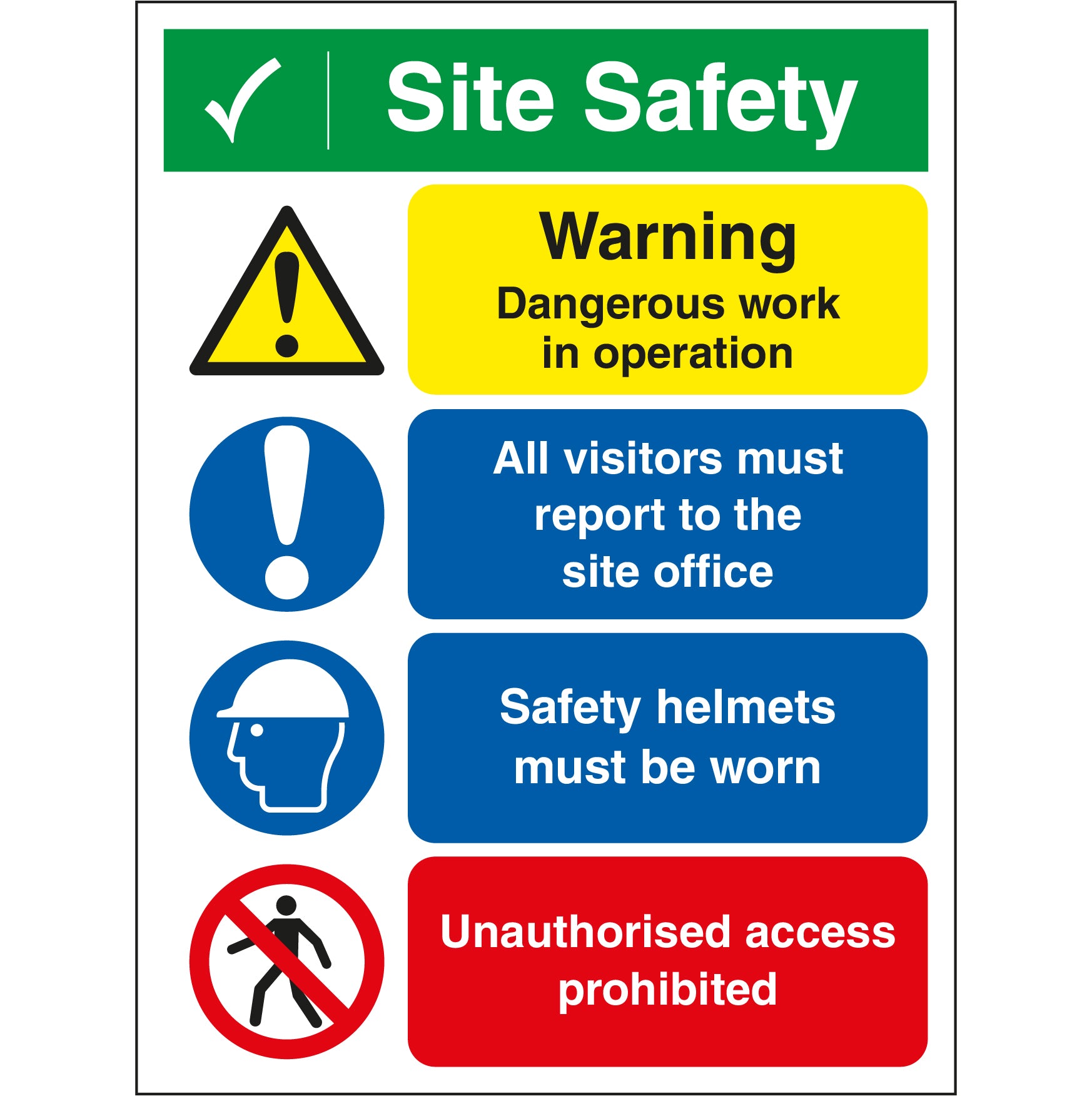 Site Safety Board - Warning, Visitors, Safety Helmets, Unauthorised Ac ...